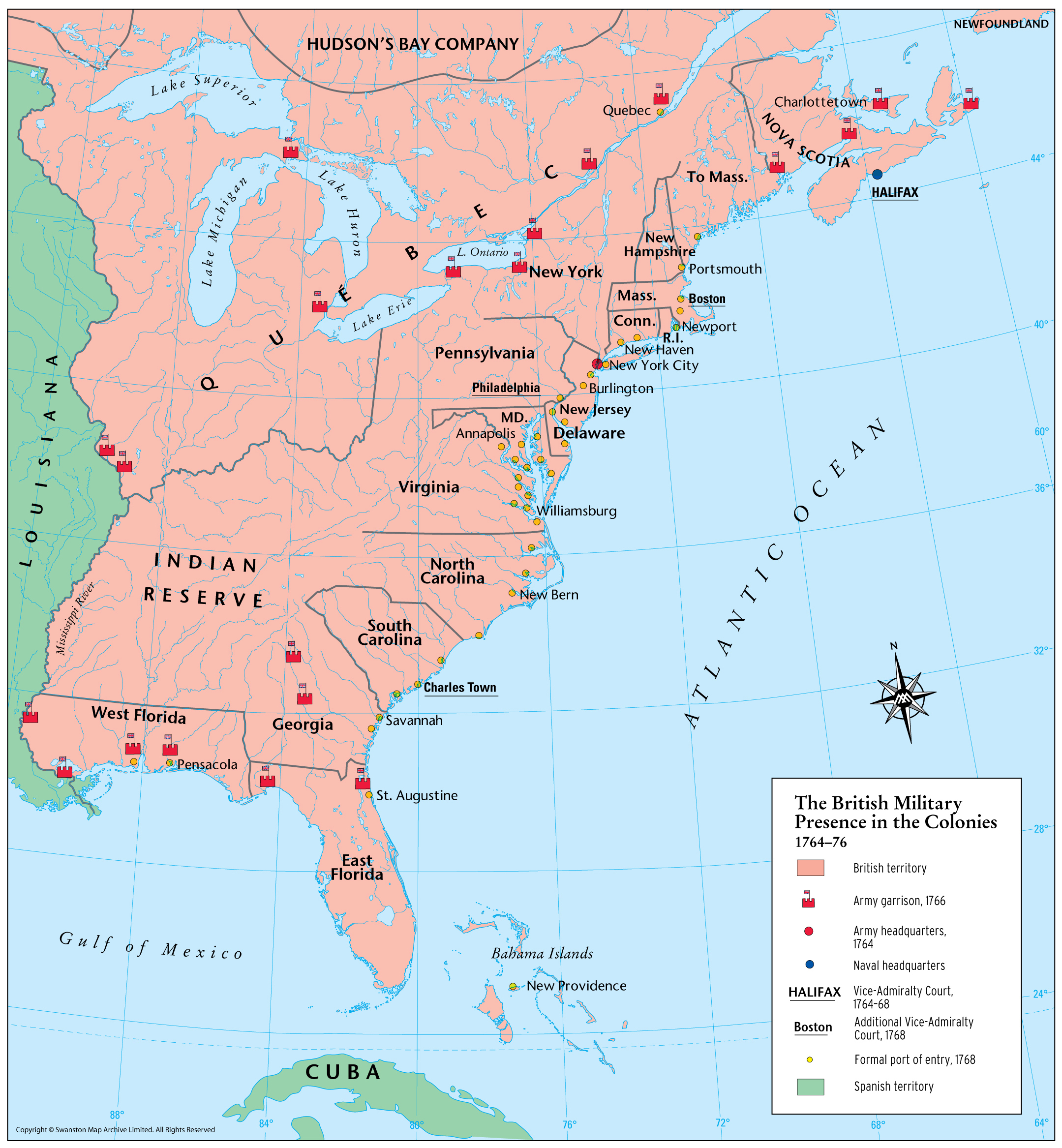 Map: British military presence in the colonies, 1764-1776