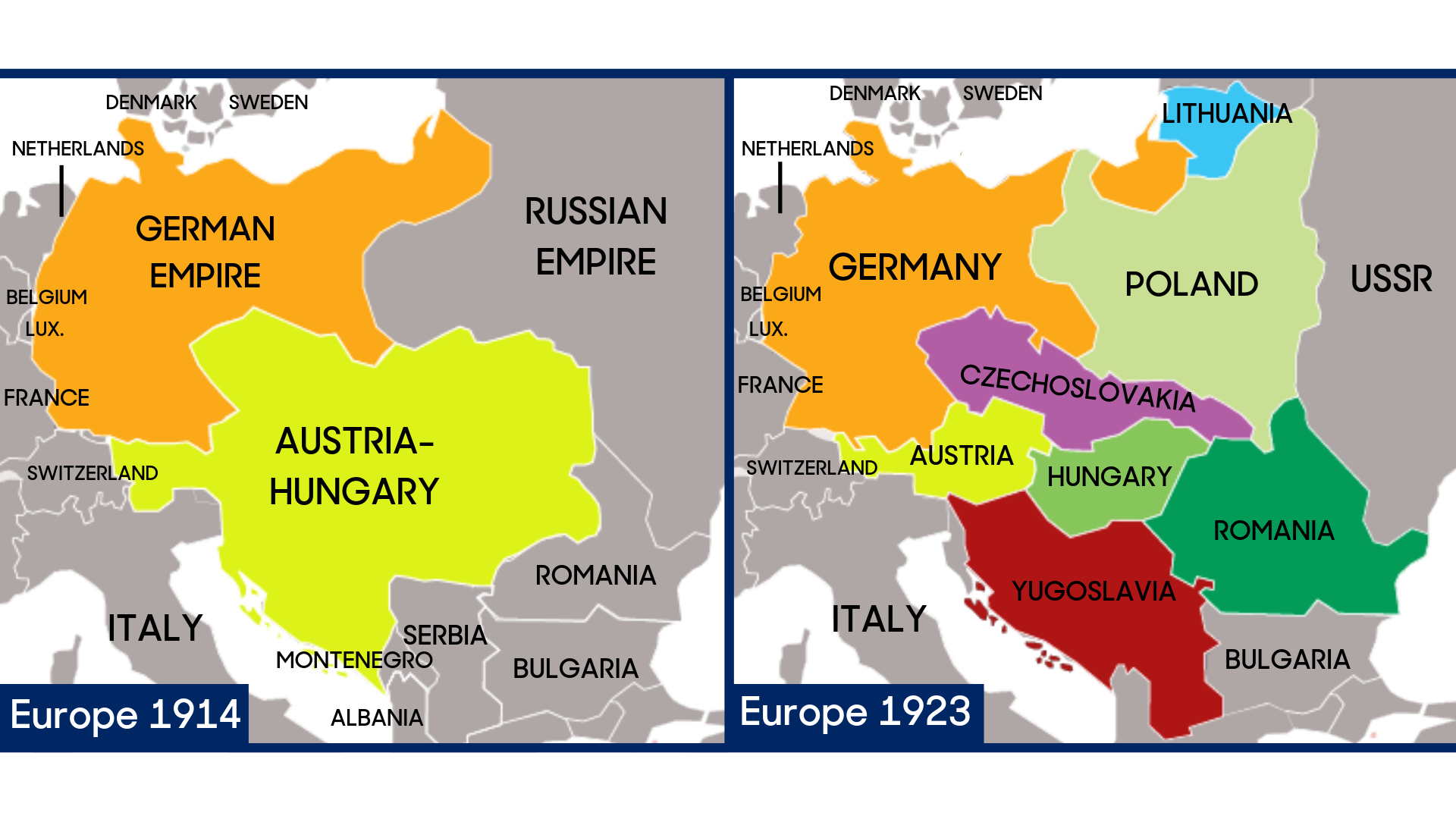 Changing map of Europe before and after World War I