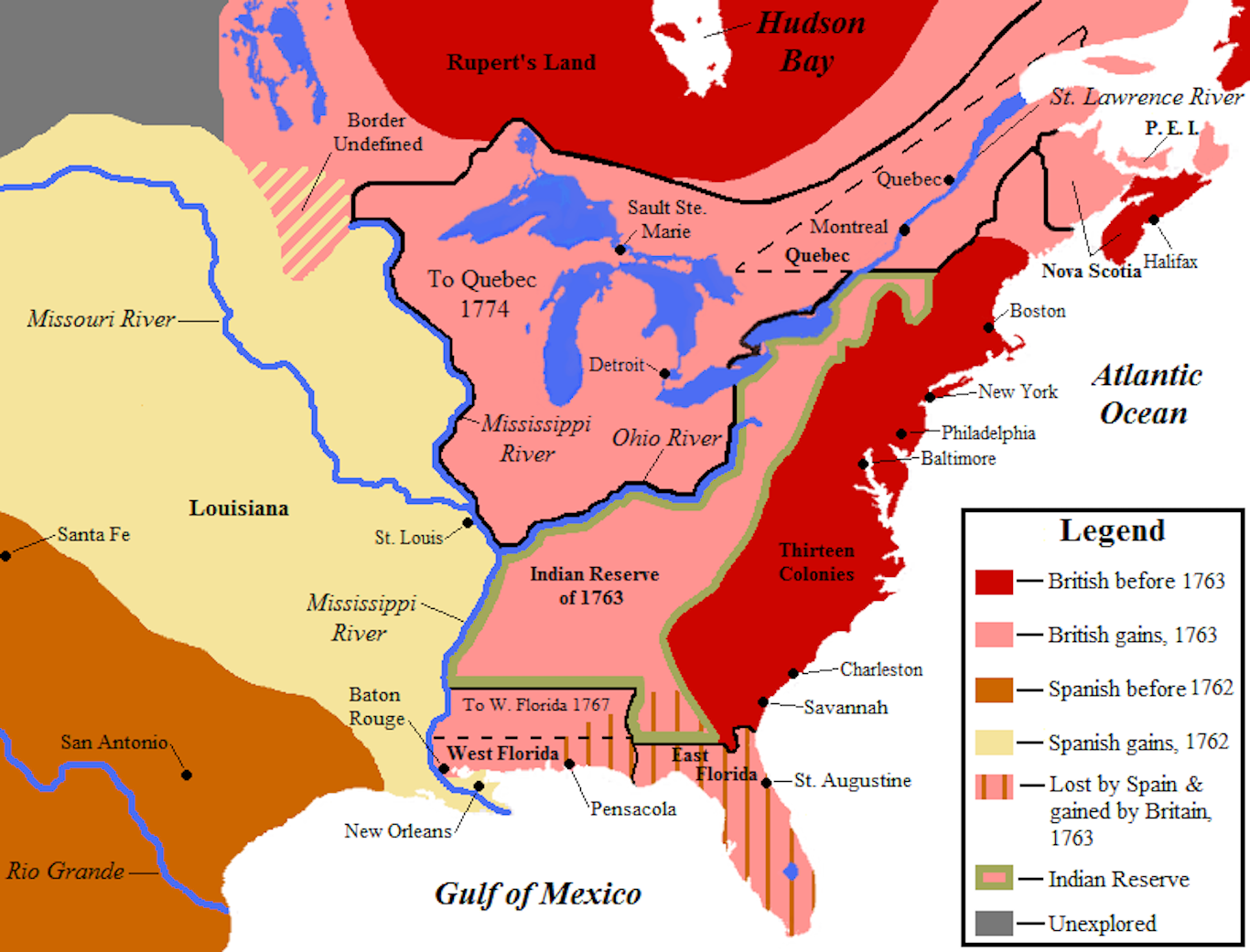 Map: North American territory changes after the French and Indian War
