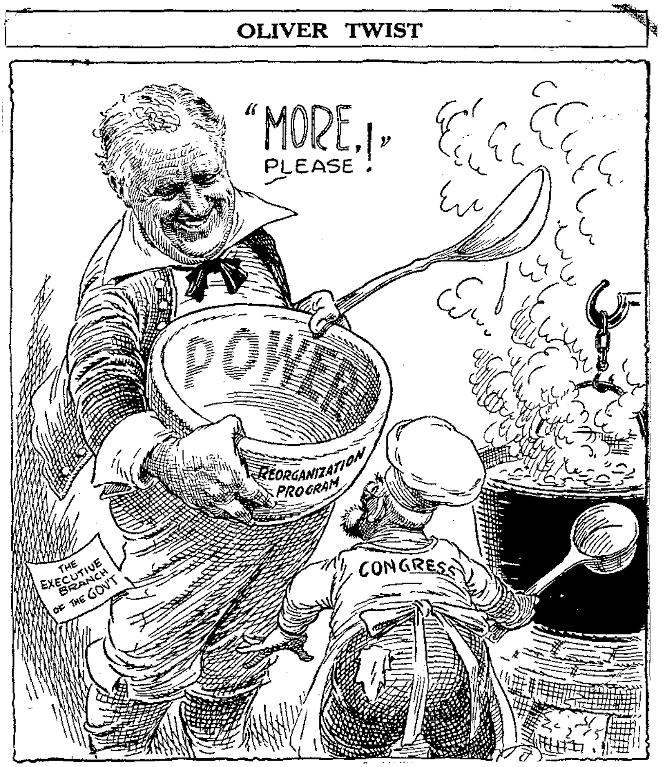 Cartoon: Franklin D. Roosevelt begging for more power